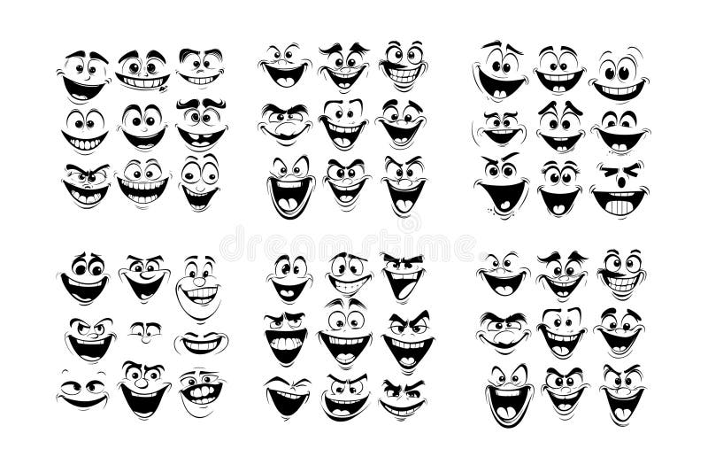 Set of Funny Smiling Cartoon Faces with Various Expressions for Comic ...