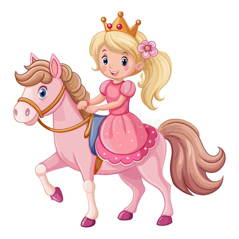 Cute Little Princess Riding a Horse in Cartoon Style for Fantasy ...