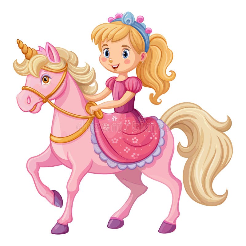 Cute Little Princess Riding a Horse in Cartoon Style for Fantasy ...