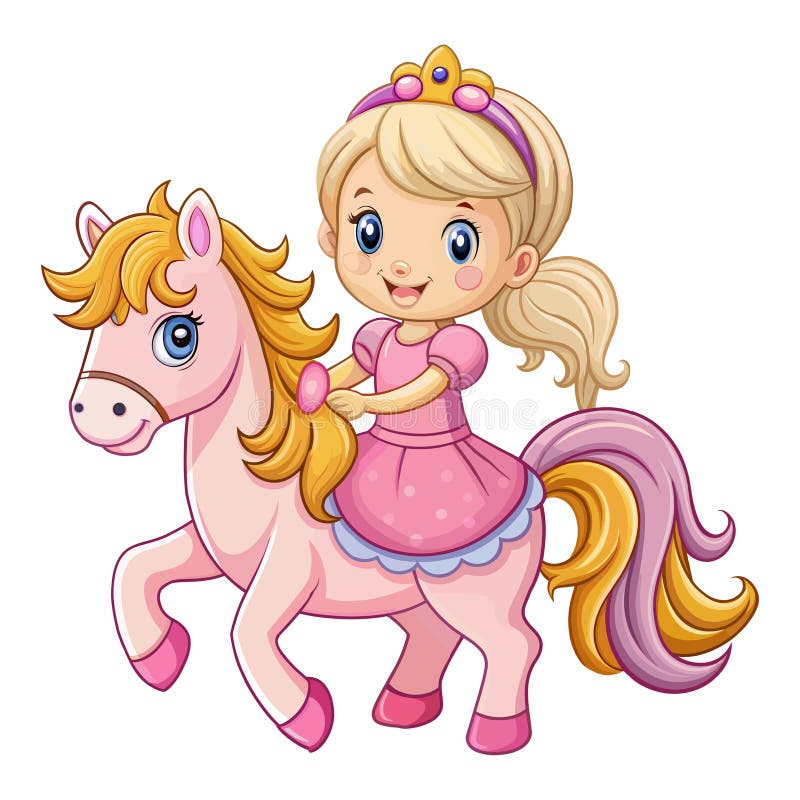 Cute Little Princess Riding a Horse in Cartoon Style for Fantasy ...