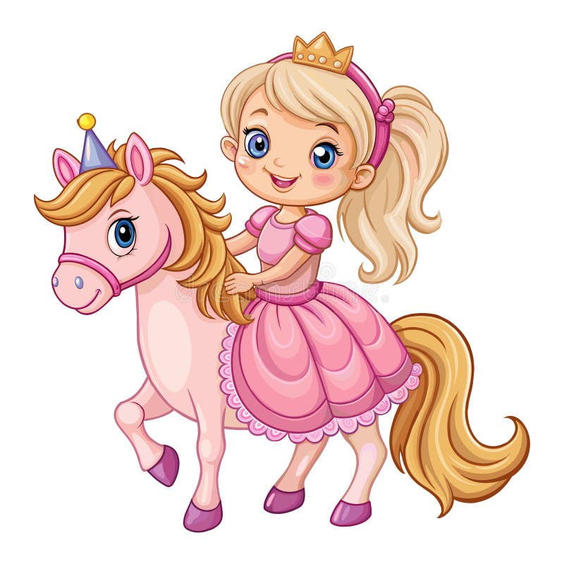 Cute Little Princess Riding a Horse in Cartoon Style for Fantasy ...