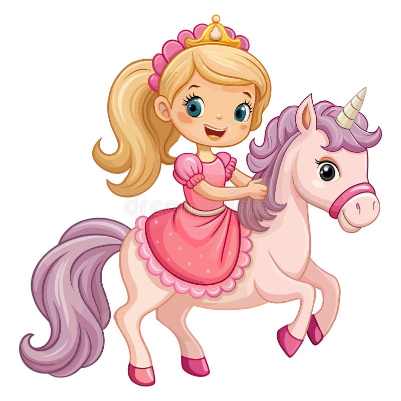 Cute Little Princess Riding a Horse in Cartoon Style for Fantasy ...