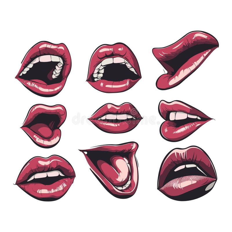 Collection of Cartoon Lips with Different Expressions for Illustration ...