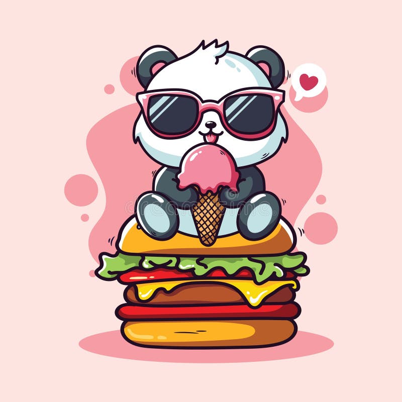 Cute Panda Bear Eating Ice Cream Siting on a Burger. Vector ...