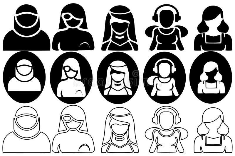 User Profile Woman Icon Set. Fill, Circle and Outline Style Silhouette ...