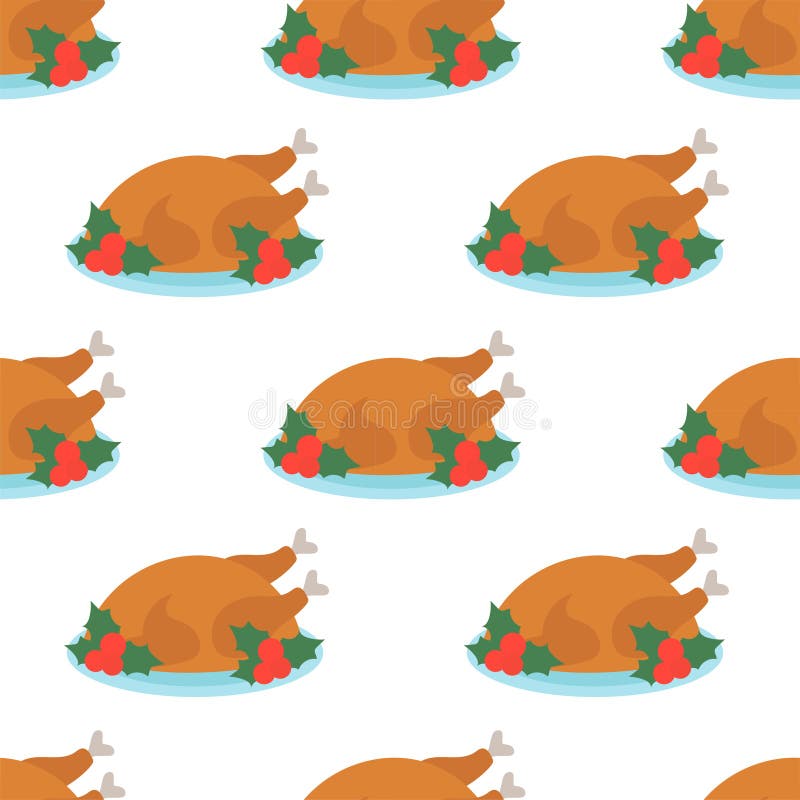 Seamless Pattern. Roasted Chicken or Turkey on Plate with Mistletoe ...