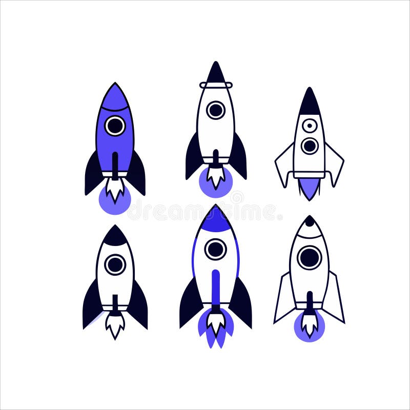 Six Simple Rocket Illustrations with Blue Flames. Stock Illustration ...