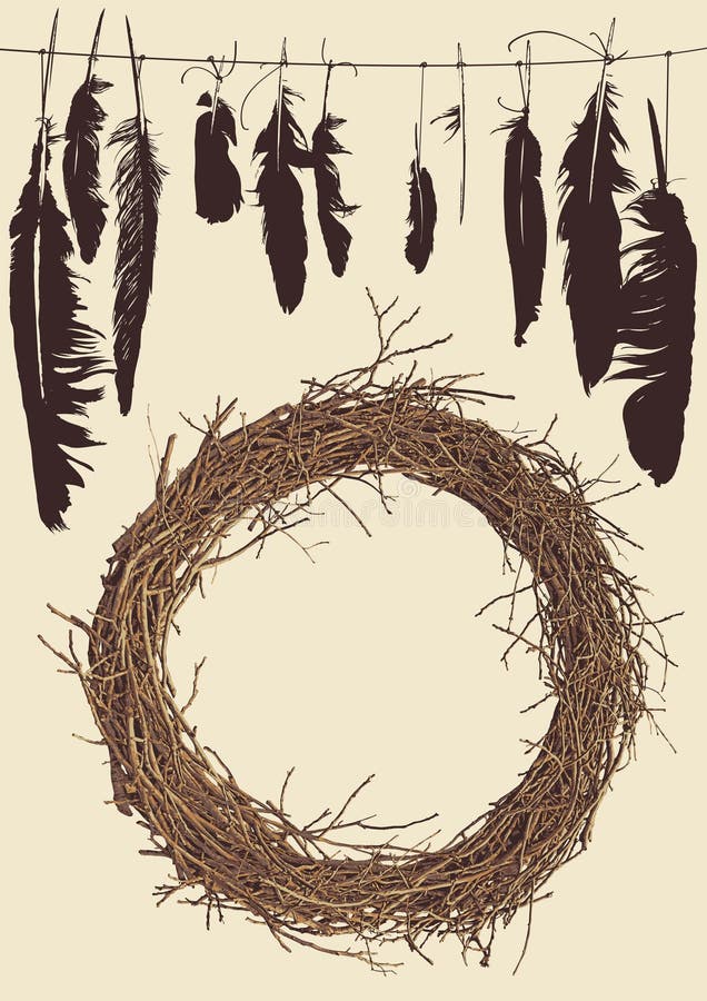 Black Bird Crow Feathers and Wreath of Dry Branches Stock Photo - Image ...