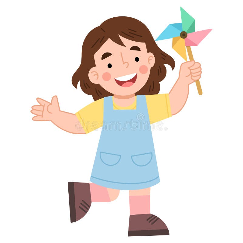 Vector Illustration of Happy Little Girl Playing Paper Windmill Stock ...