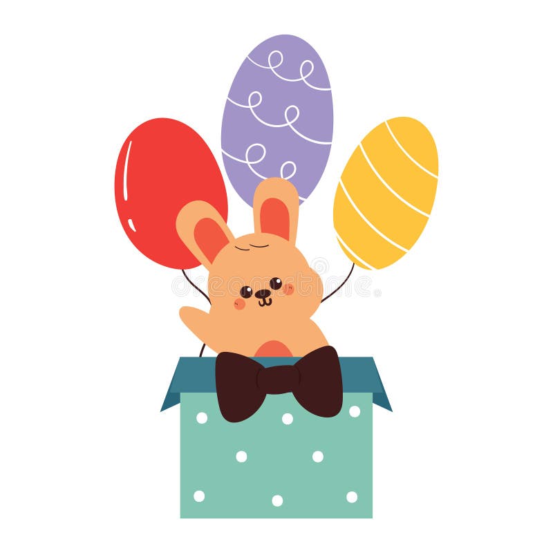 Cute Hand Drawing Cartoon Bunny Inside a Box with Balloons. Cute Animal ...