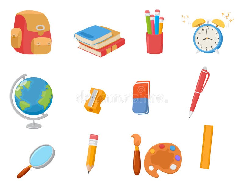 School Supplies Stationery Cartoon Set Collection, School Bag, Pencil ...