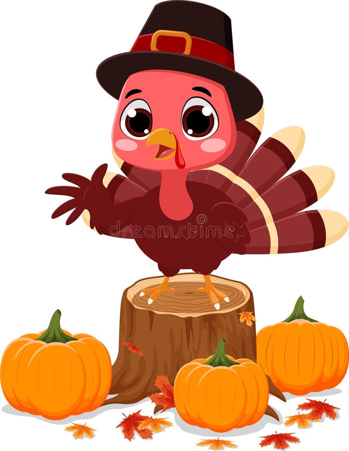 Happy Thanksgiving Day with Funny Pilgrim Turkey Cartoon and Pumpkin ...