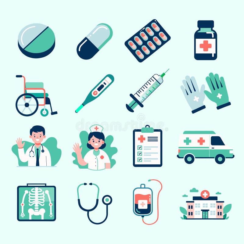 Green Set of Objects and Tools in Hospital with Doctor and Nurse Stock ...