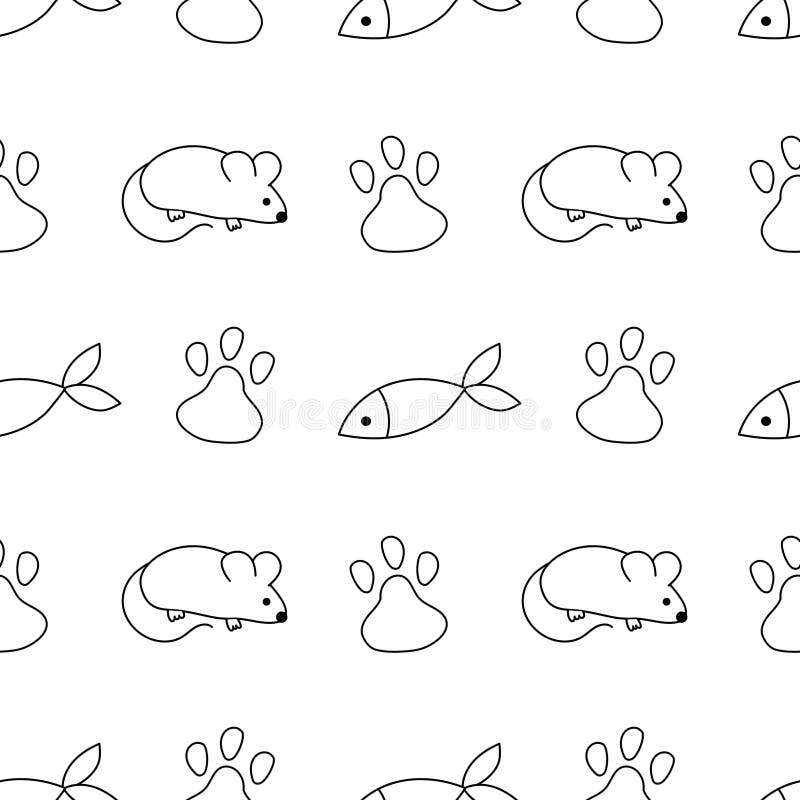 Seamless Vector Pattern with Cute Mouse, Fish and Paw. Outline, Doodle ...