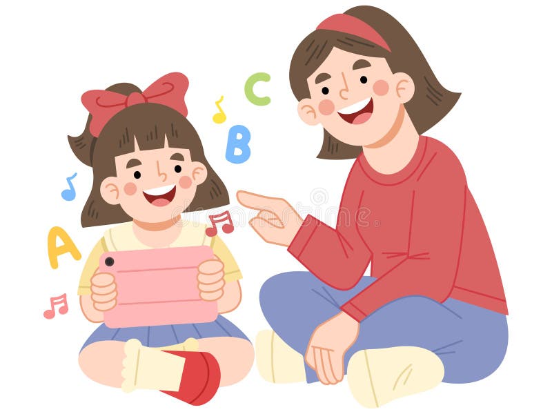 Vector Illustration of Mother and Daughter Enjoying Screen Time Stock ...