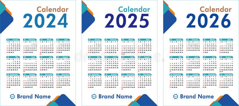 Year 2024 2025 2026 Calendar Vector Template, Simple and Clean Calendar ...