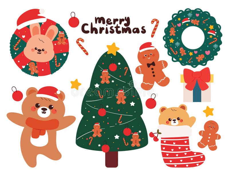 Hand Drawing Cartoon Christmas Sticker Set. Cute Christmas Vibes ...