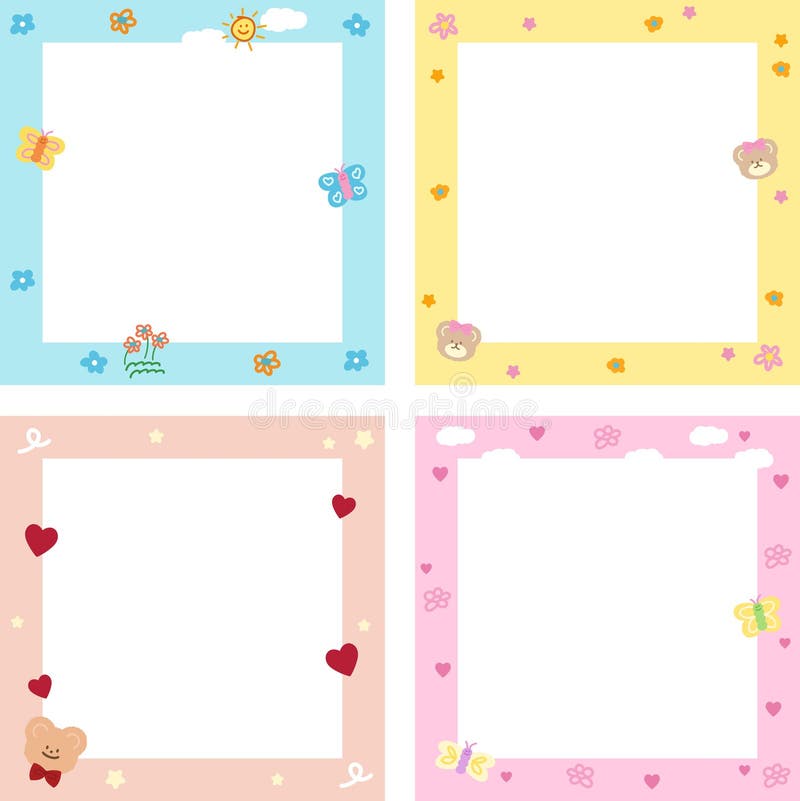 Cute Pastel Frame Set with Teddy Bear, Butterfly, Flowers, Heart for ...