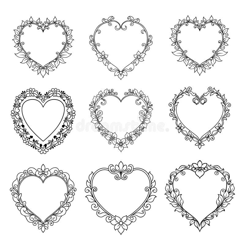 Set of Decorative Heart Frames with Floral Elements Stock Vector ...