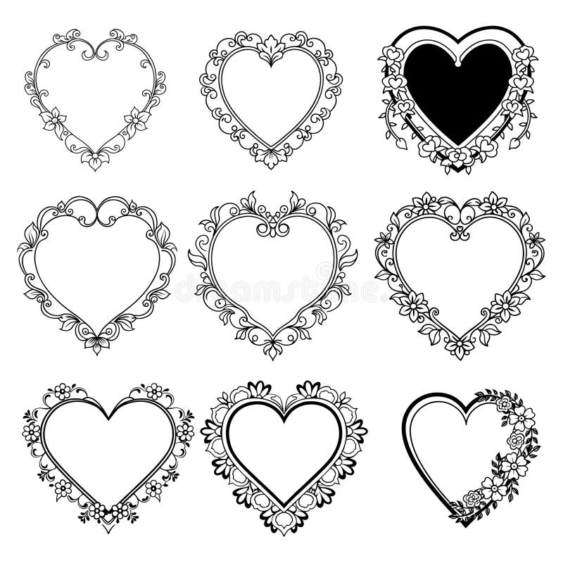 Set of Decorative Heart Frames with Floral Elements Stock Vector ...