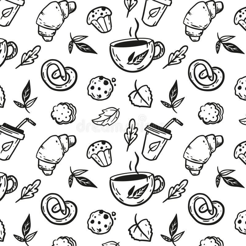 Line Art Autumn Pattern with Coffee, Cookies, Muffin and Leaves. Black ...