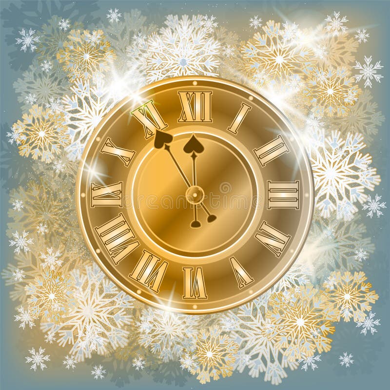Happy New Year Xmas Greeting Card with Golden Clock, Vector Stock ...
