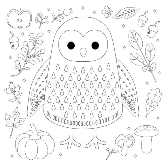 Autumn Owl Coloring Page with Nature Elements. Stock Vector ...