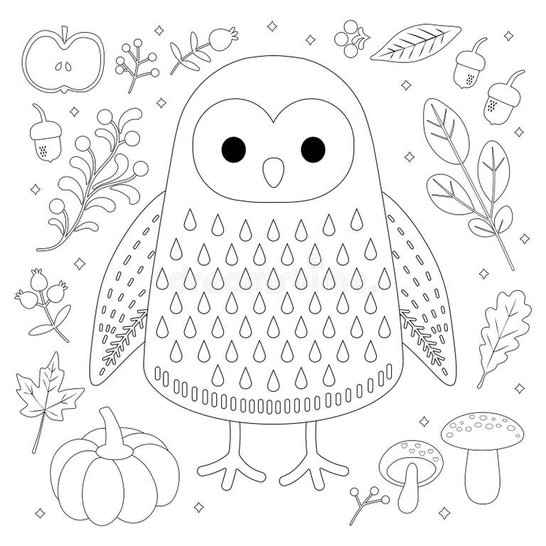Autumn Owl Coloring Page with Nature Elements. Stock Vector ...