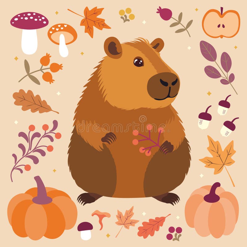 Cute Capybara, Holding Red Berries, Autumn Cozy Vector Illustration ...