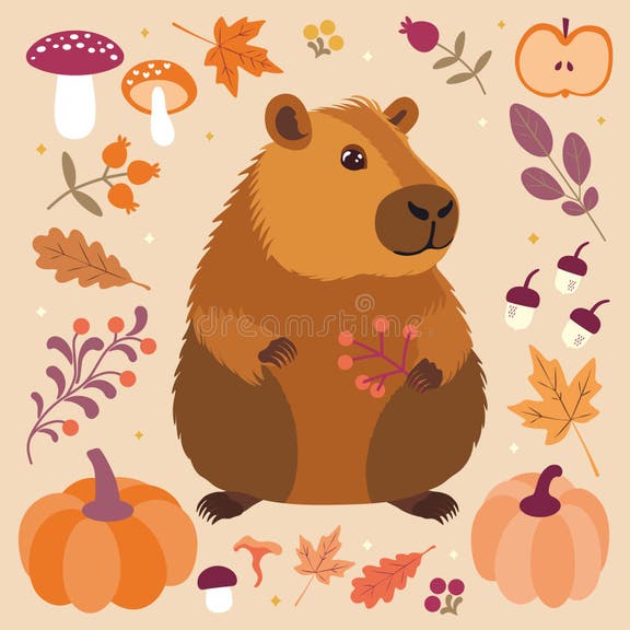 Cute Capybara, Holding Red Berries, Autumn Cozy Vector Illustration ...