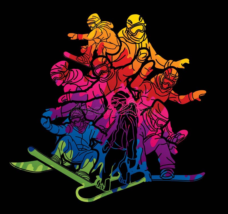 Snowboard Players Mix Action Extreme Sport Snowboarder Cartoon Stock ...