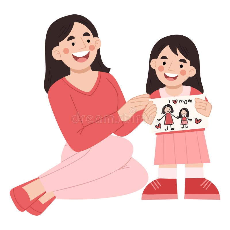 Little Girl Shows Artwork To Mother Vector Illustration Stock Vector ...