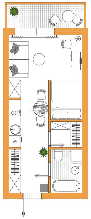 Architecture Micro Studio Plan with Furniture . Kitchen, Living Room ...