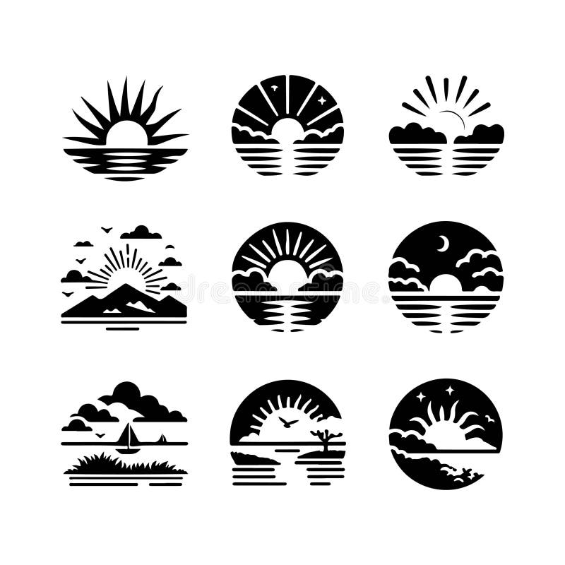 Sunrising Icon Set Silhouette Vector Art Illustration with White ...