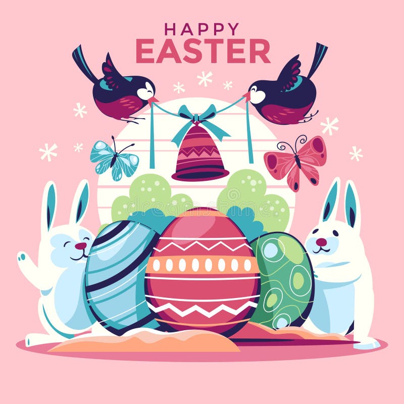 Happy Easter with Couple Rabbits and Eggs Background Stock Vector ...