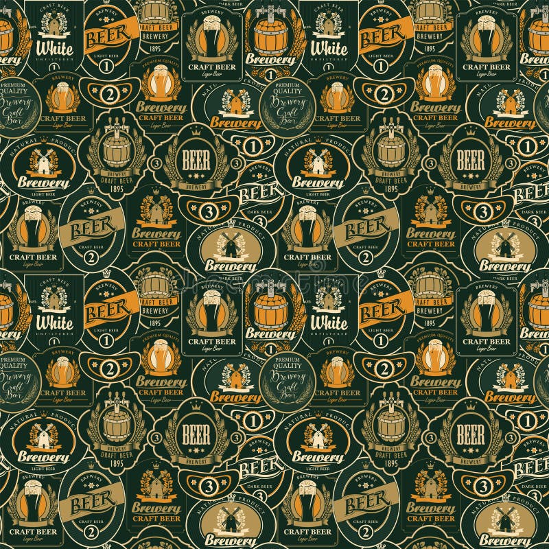 Seamless Pattern on the Theme of Beer with Various Beer Labels Stock ...