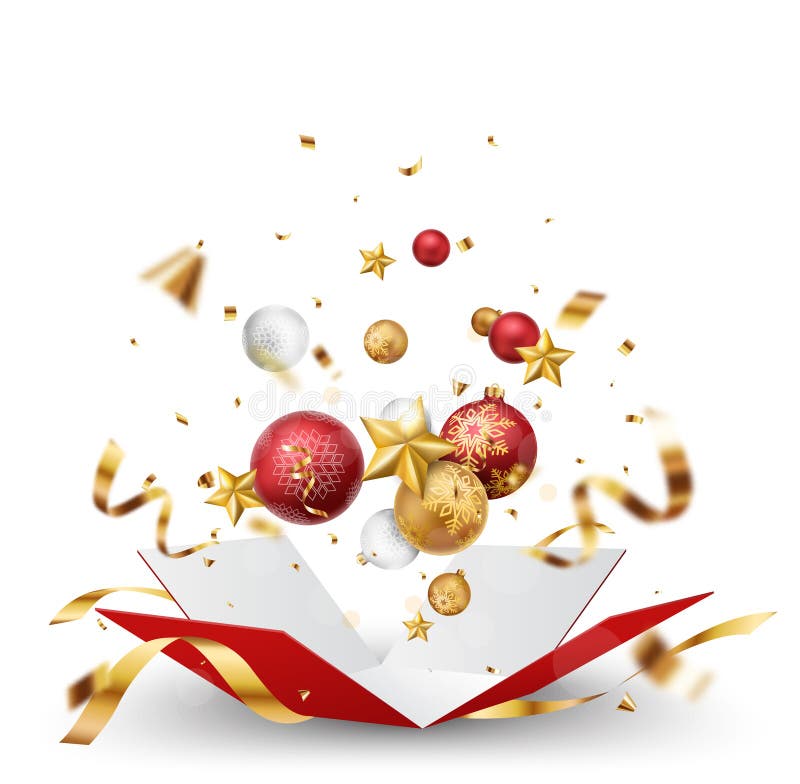 Opening Red Gift Boxes with Golden Ribbons and Christmas Decorations ...