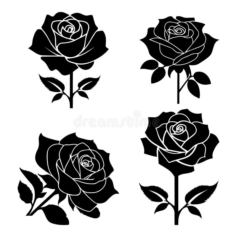 Set of Vector Black Silhouettes of Rose Flowers Isolated on a White ...