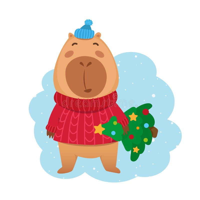 Cute Christmas Capybara in Red Sweater with Christmas Tree. Christmas ...