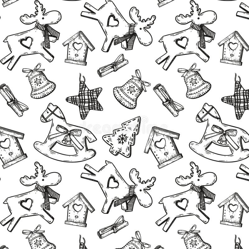 Line Art Christmas and New Year Pattern with Toys. Wrapped Christmas ...