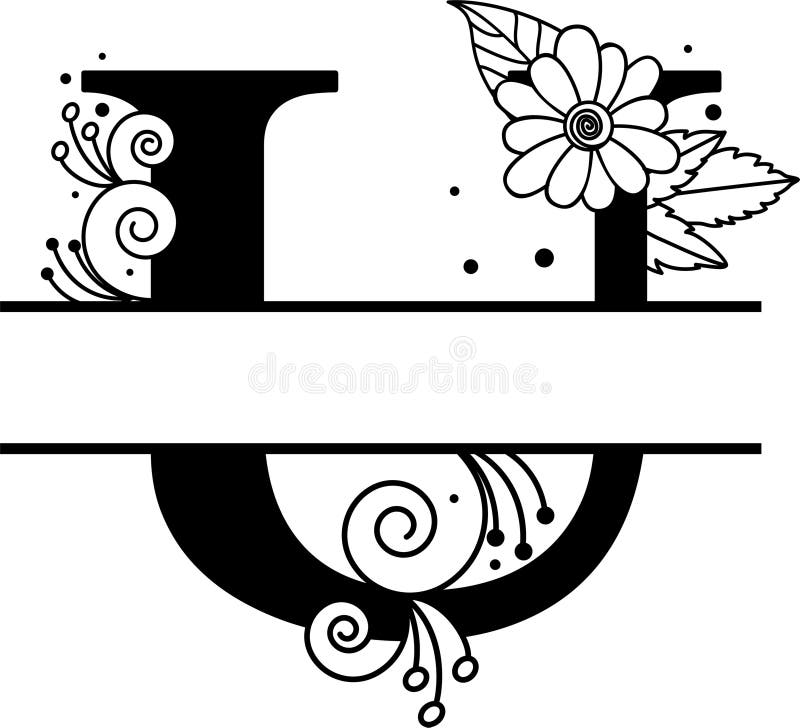 Customizable Black and White Floral Letter U Monogram, Split Alphabet ...