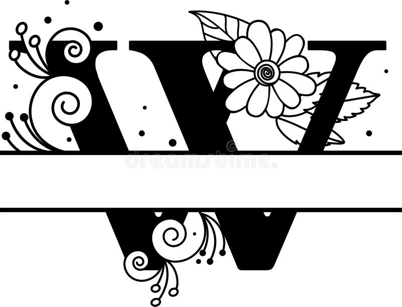 Floral Split Letter W, Black and White Typography Monogram, Botanical ...