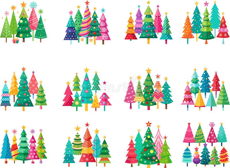 Set of Bright and Cheerful Christmas Tree Graphics for Festive Designs ...