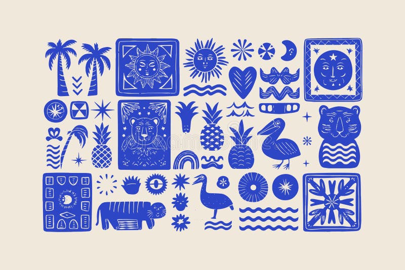 Set of Hand-drawn Retro Tropical Summer Shape Vector Illustrations 3 ...