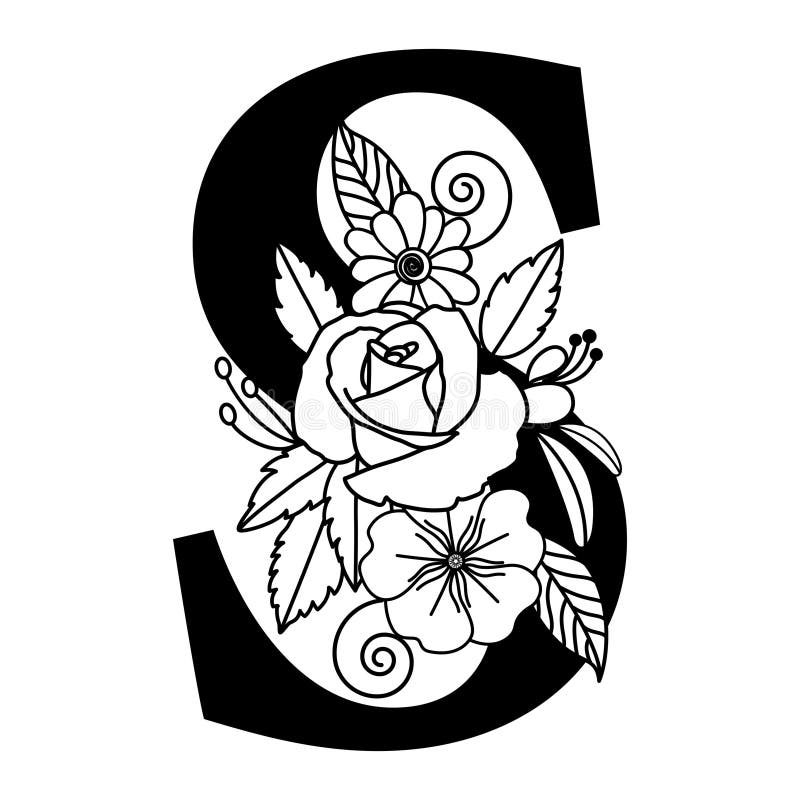 Black and White Floral Initial S Monogram, Botanical Typography Family ...