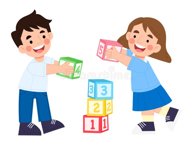 Boy and Girl Playing with Number Blocks Cartoon Illustration Stock ...