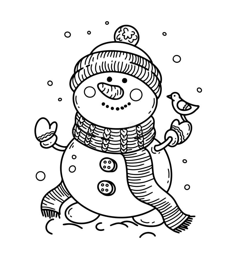 Outline Snowman with Bird and Snow. Winter Coloring Book Page Stock ...