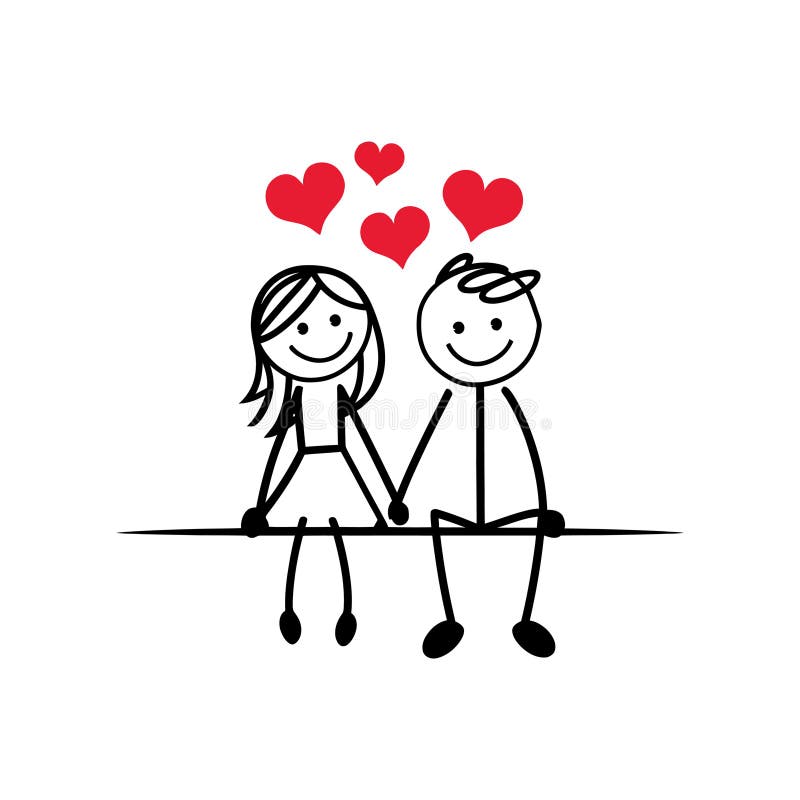 Happy Couple Stick Drawing with Hearts Stock Vector - Illustration of ...