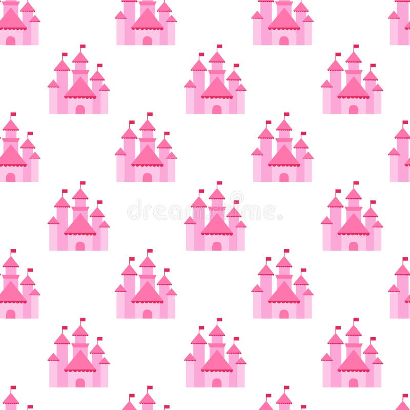 Pink Princess Castle Seamless Pattern with Heart. Vector Flat ...