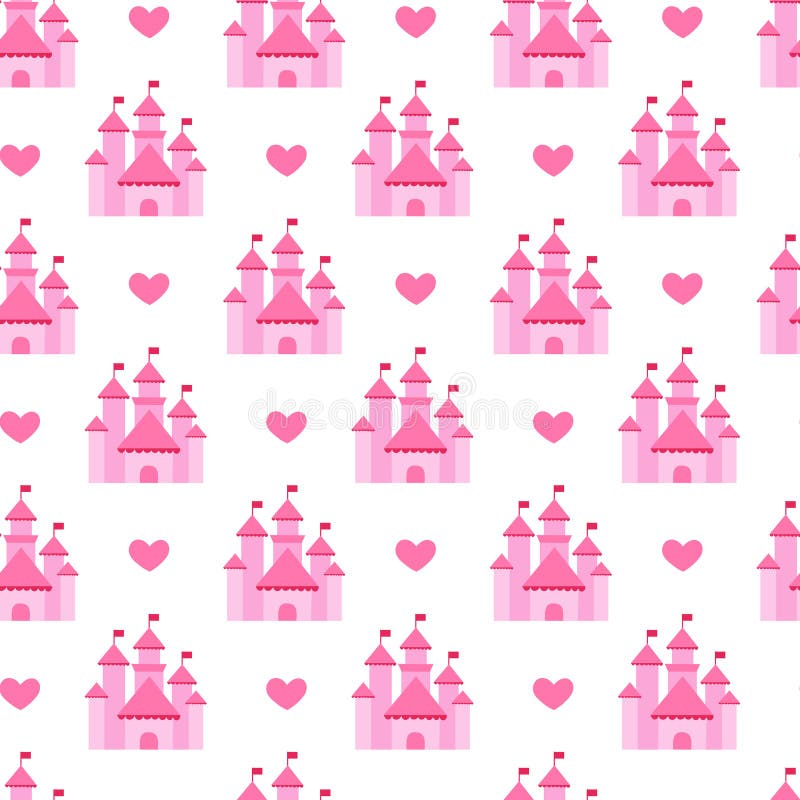 Pink Princess Castle Seamless Pattern with Heart. Vector Flat ...